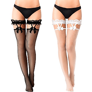 SATINIOR 2 Pairs Lace Top Fishnet Stockings Bow Suspenders Thigh High Mesh Hold up Stockings for Women(L Size,Black, White)