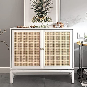 Lamerge Sideboard Buffet Cabinet, Rattan Kitchen Storage Cabinet with 2 Doors,Cupboard Console Table with Adjustable Shelves,Accent Cabinet for Dining Room, Bedroom, Hallway,White