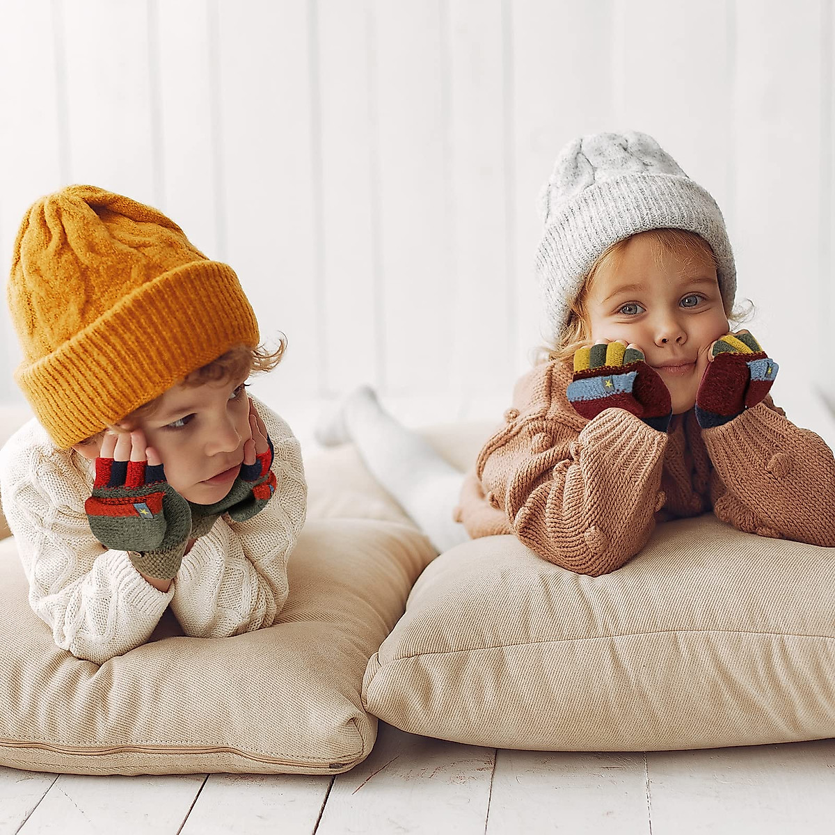 Bencailor 6 Pairs Kids Convertible Knitted Fingerless Gloves Kids Winter Warm Gloves with Mitten Cover Gloves for Children Kids Girls Boys Aged 6-10