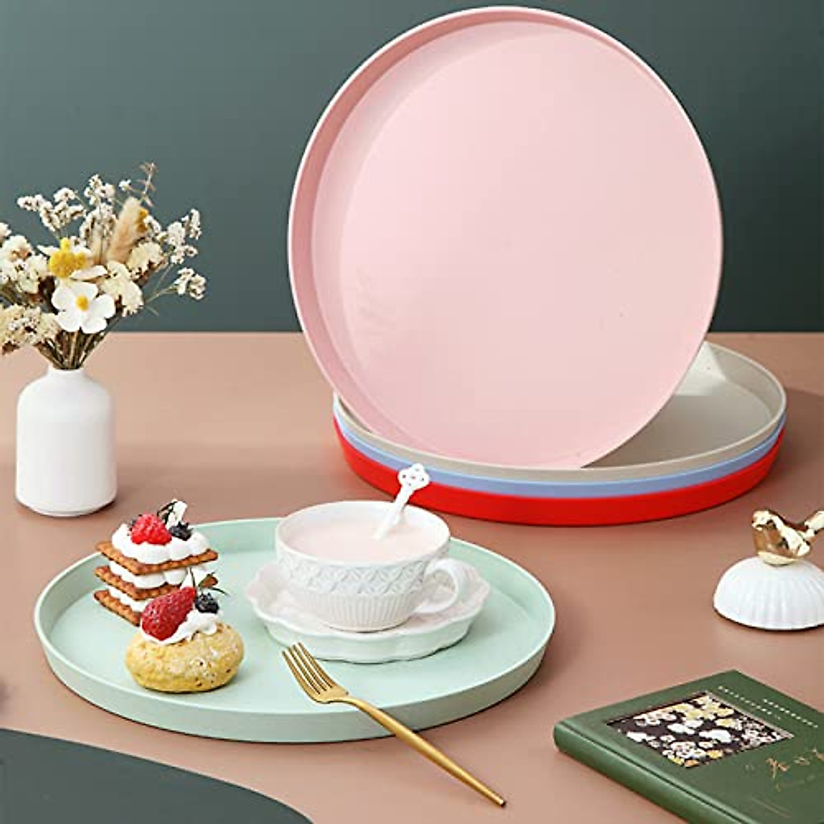 2 Pack Round Plastic Serving Tray Platter, 13 Inch Lightweight Wheat Straw Food Tray, Tea Tray for Party, Reusable Restaurant Fast Food Holder for Cup Cake Snack Fruits (Pink)