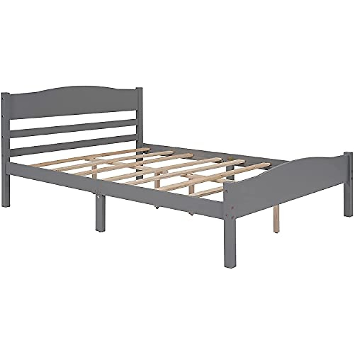 STP-Y Full Size Platform Bed, Rockjame Wood Bed Frame with Horizontal Strip Hollow Shape Headboard, Footboard and Center Support Feet, Perfect for Kids, Teens and Adults (Gray)