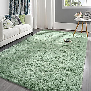 Pettop Fluffy Sage Green Rug for Bedroom Living Room, 4x6 Feet Rectangle Large Rug Plush Fuzzy Carpet for Girls Kids Boys, Non-Slip and Washable Rug for Nursery Classroom Decor Rug