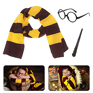 M&G House Newborn Photography Props Magic Novelty Scarf Wizard Glasses Crochet Wand Halloween Baby Photoshoot Props Scarf Eyeglass Baby Photo Props Halloween Cosplay Scarf Party Costume Supplies