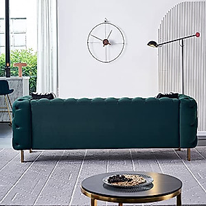 Akrenar Modern Sofa Couches for Living Room, 84 Inches Velvet Button Tufted Couch Upholstered Sofa with 2 Pillows and Metal Legs Decor Furniture for Bedroom, Office (Green)