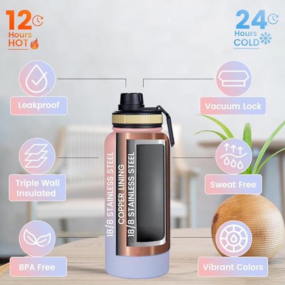 lexlion Water Bottle 32oz, Triple Walled Insulated Stainless Steel Reusable Bottle, Silicone Sleeve, 2 Lids (Spout lid & Straw lid w/2 straw), Metal Mug Gallon, BPA Free, Pinky