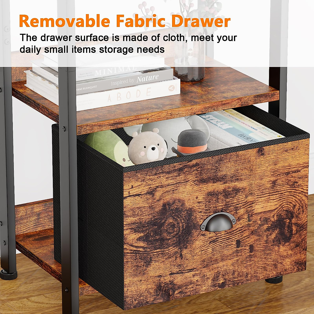 Furologee 5 Tier Bookshelf with Drawer, Tall Narrow Bookcase with Shelves, Wood and Metal Book Shelf Storage Organizer, Industrial Display Standing Shelf Unit for Bedroom, Living Room, Rustic Brown