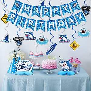 28 Pieces Shark Party Supplies Set Includes 12 Pieces Hanging Swirls Shark Happy Birthday Banner 12 Pieces Hanging Cutouts 3 Pieces Birthday Honeycomb Centerpiece for Birthday Party Decorations