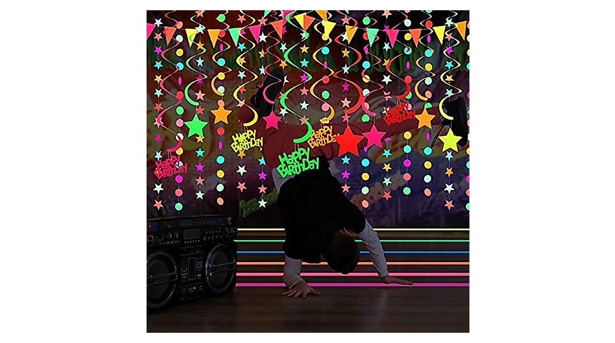 Neon Party Decorations - 50 Glow Swirl Hanging Decor for Events