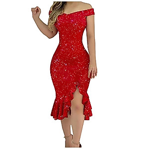 Sparkly Dresses for Women Off The Shoulder Dresses for Women Bodycon Dresses for Women Knee Length Dress Wedding Guest Dresses Prom Dresses 2022 Formal Dresses for Women(E Red,Medium)