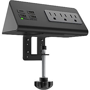 Electriduct Edge Mount Nightstand Charger 6 Amp 1 USB-C Charging Port + 3 USB-A Charging Ports, 3 AC Power Strip Outlets Clamp Desk Power Center - Black