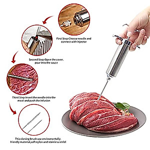 Meat Injector Syringe,Stainless Steel Injector Gun Kit with Case,2-Oz Marinade for Smoking,With 3 Professional Needles 2 Cleaning Brushes And 4 Silicone O-Rings,1Cleaning Silicone Brush (silver)