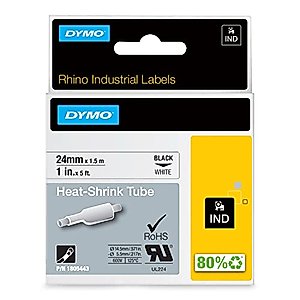 DYMO Rhino Industrial Heat-Shrink Labels, 1" Tube, Black Print on White