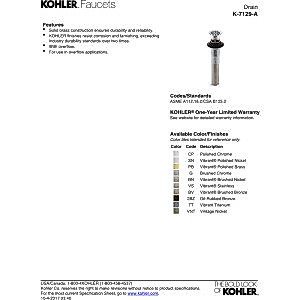 Kohler 7129-A-CP Lavatory drain with overflow, Polished Chrome, 1.25