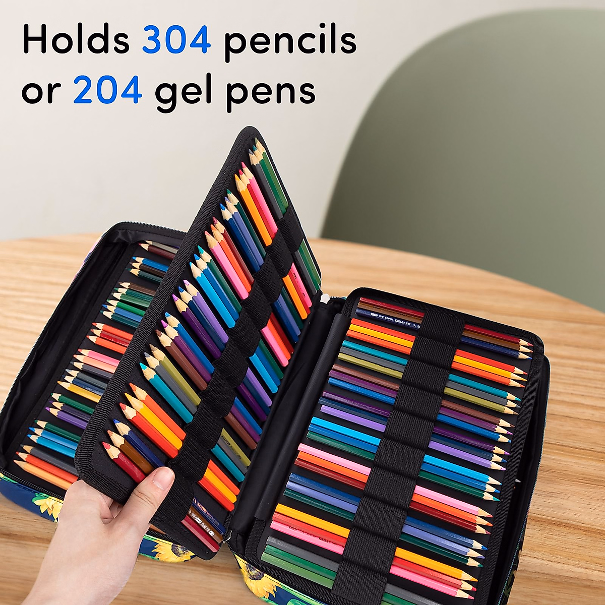 YOUSHARES 300 Slots Color Pencil Case - Pencil Holder with Handy Wrap & Zipper, Multilayer Holder for Prismacolor Colored Pencils & Gel Pen (Sunflower)
