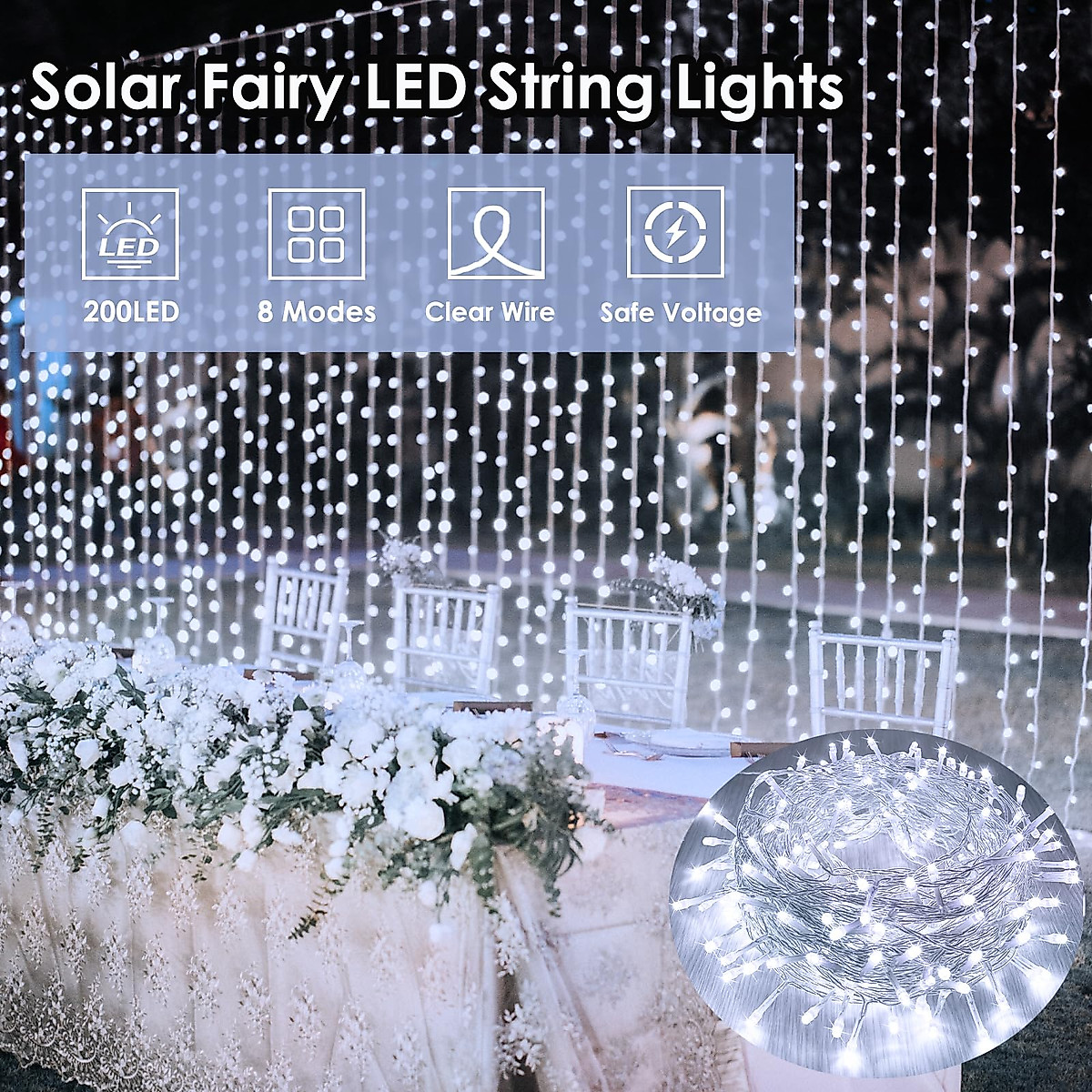 SANJICHAWhite Extra-Long 66FT String Lights Outdoor/Indoor, 200 LED Upgraded Super Bright Christmas Lights, Waterproof 8 Modes Fairy Lights for Garden Patio Party Wedding (Cool White)