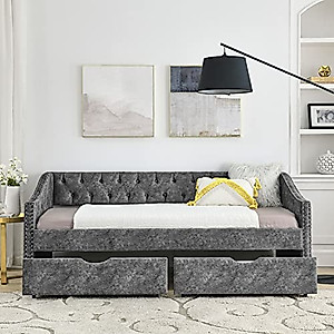 Daybed with Drawers, Modern Velvet Upholstered Twin Size Day Bed Button-Tufted Sofa Daybed Frame with Double Drawers, No Box Spring Needed, Furniture for Bedroom Living Room Guest Room (Grey, Twin)