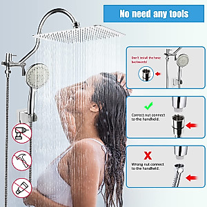 Taiker Shower Head, 8 Inch High Pressure Rainfall Shower Head/Handheld Showerhead Combo with 11.5 Inch Adjustable Curved Arm, Anti-leak Shower Head with Holder/Hose, Flow Regulator, Chrome (Silver)
