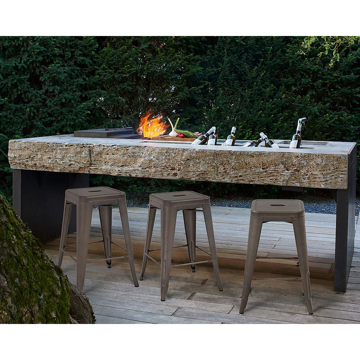 FDW Set of 4 Metal Bar Stools 24 Inches Counter Barstools Indoor/Outdoor Stackable Modern Metal Bar Stools Kitchen Counter Stools Chairs (Gun)