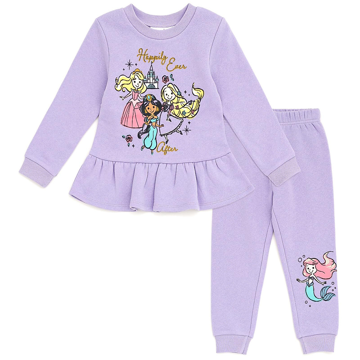 Disney Princess Rapunzel Jasmine Aurora Toddler Girls Fleece Sweatshirt and Pants Set Purple 5T