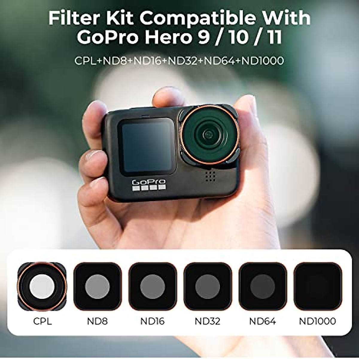 K&F Concept ND Filter Set Compatible with GoPro Hero12, Hero11, Hero10, Hero9 Black, 6 Pack (CPL/ND8/ND16/ND32/ND64/ND1000) Hero 9/10/11/12 Action Camera Accessory Neutral Density Polarizer Filter Kit