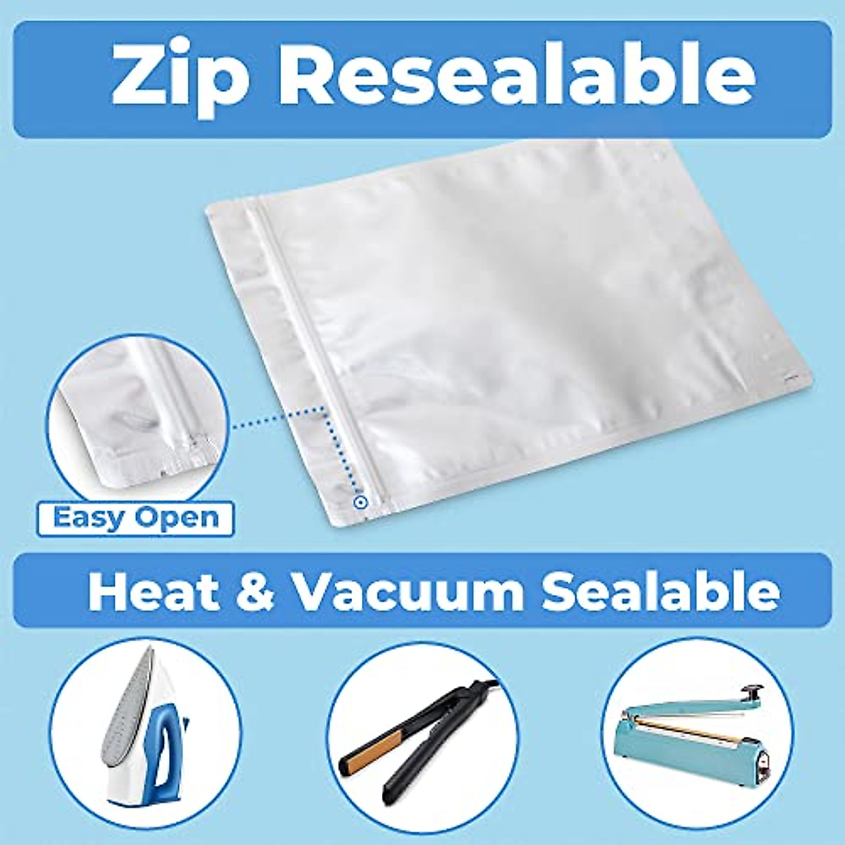 60 Packs 1 Gallon Mylar Bags 7.5 Mil for Food Storage with 400cc Oxygen Absorbers - Stand Up Long Term Food Storage Mylar Bags - Resealable Bags For Food - Gallon Mylar Bags - Large Mylar Ziplock Bags