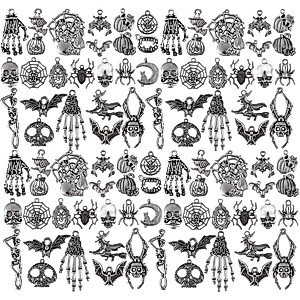 Hicarer 80 Pieces Halloween Charms Pendants Antique Silver Pendants Halloween Jewelry Making Accessory for DIY Necklace Bracelet