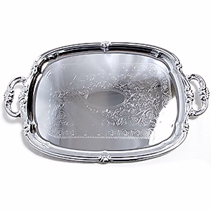 Maro Megastore (Pack of 4) 21-Inch x 13.5-Inch Elegant Victoria Floral Engraved with Handle Serving Tray Silver Metal Plate Platter Food Decorative Buffet Wedding Party (Extra Large) T166-4pk