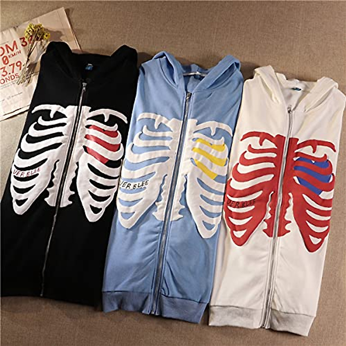 Women Zip Up Hoodies Goth Skeleton Rib Cage Graphics Y2K Harajuku Novelty Sweatshirt Black