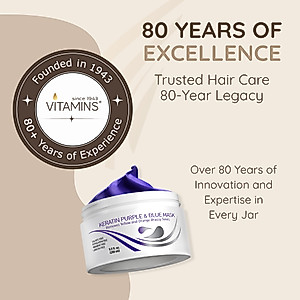 Vitamins Keratin Purple Hair Mask - Violet Blue Protein Deep Conditioner Treatment - Toner for Blonde Platinum Silver Gray Ash or Brown Colored Dry and Damaged Brassy Hair