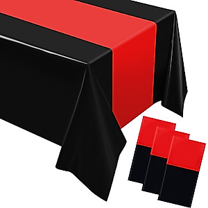 Oudain Christmas Disposable Plastic Tablecloths 54" x 108" for Rectangle Tables Cloths Waterproof Table Cover for Thanksgiving Day Wedding Birthdays Decoration(Black, Red,3 Pcs)