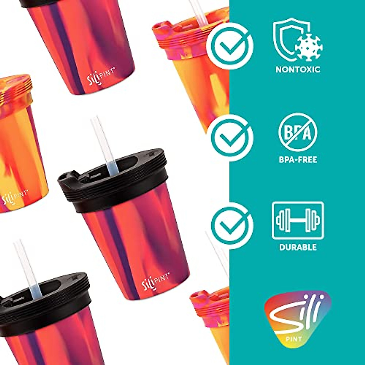 Silipint Silicone Kids’ Cups with Lids and Straws, Unbreakable, Durable, Safe, and Fun Silicone Kids’ Tumblers, Radberry & Sunfire Smash, Pack of 2