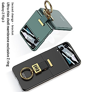 Phone flip case Slim Case Compatible with Samsung Galaxy Z Flip 3 Case with Outer Screen Protector Case,Thin Hard PC Case Fashion Protective Case with Built-in Metal Ring Phone Cover (Color : Black)