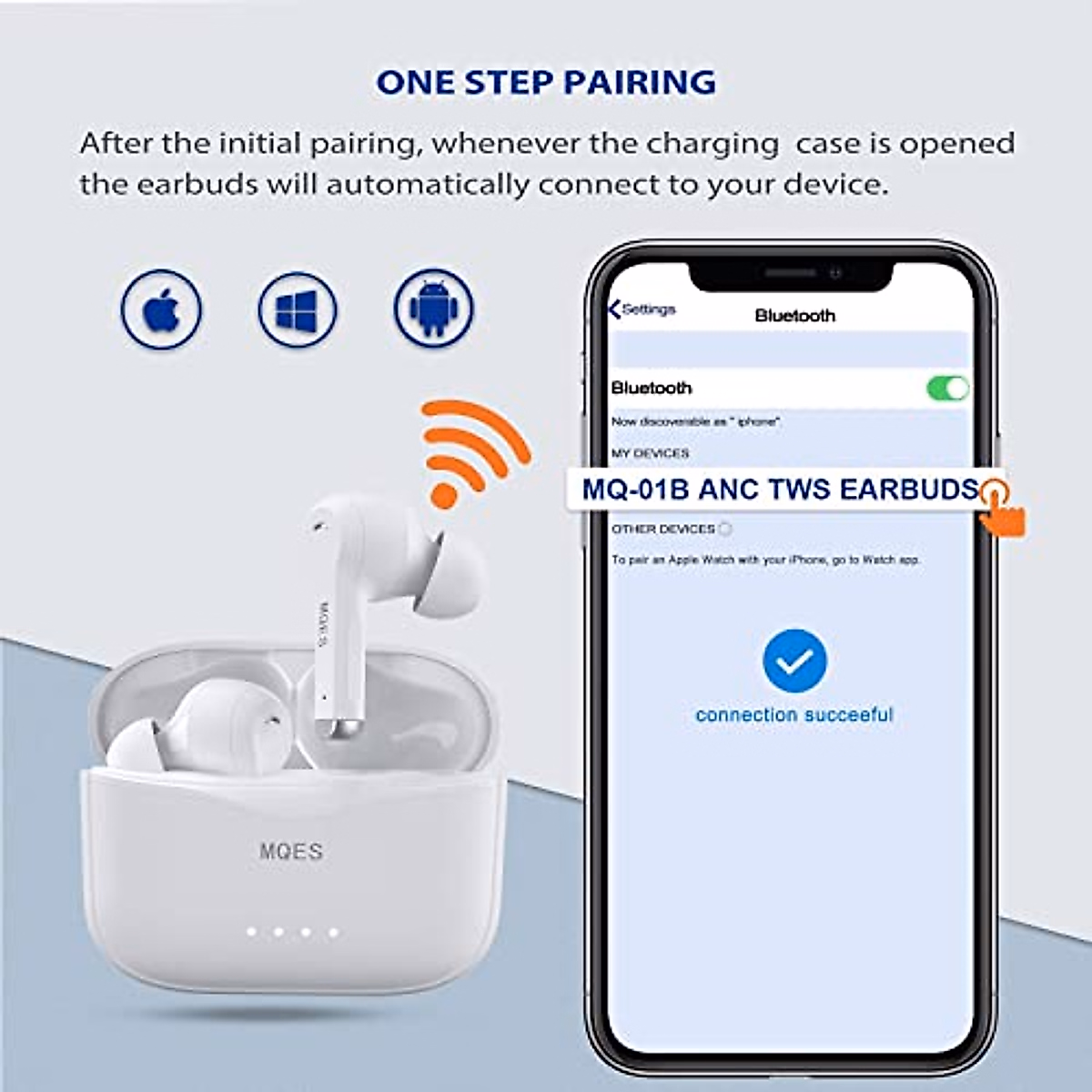 MQES Active Noise Cancelling Wireless Earbuds,in-Ear Headphones Bluetooth 5.2, Built-in 4mics Earphones,Touch Control, ANC and ENC, IPX5 Waterproof, 30H Playtime, for iPhone & Android White MQ-01B