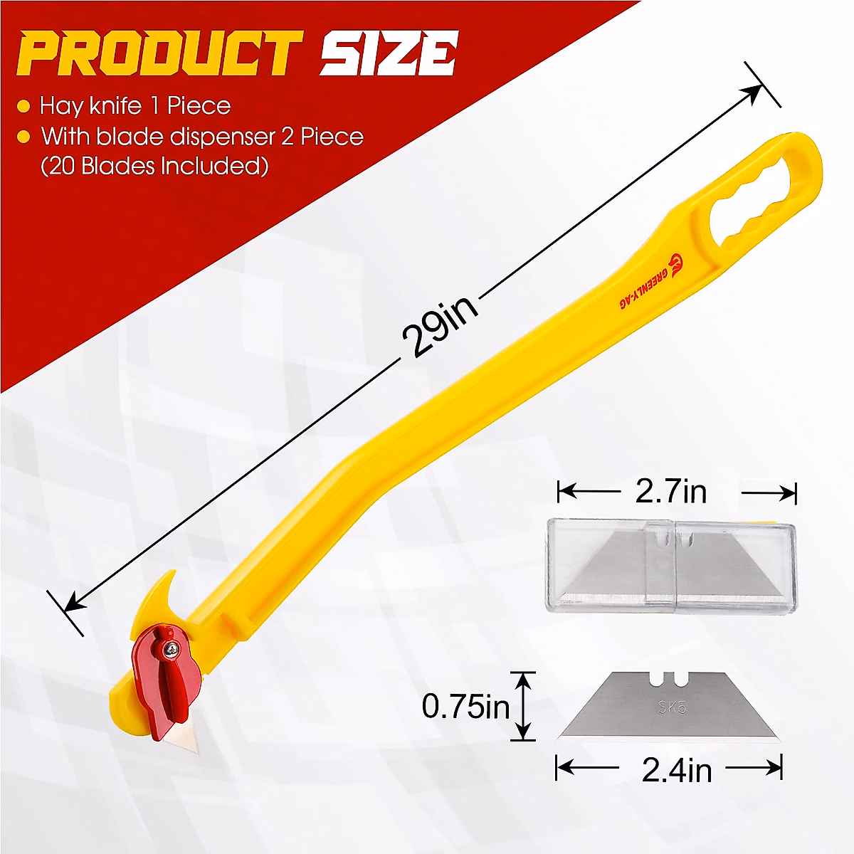 G GREENLY-AG 29" Hay Knife with 20 Blades, Net Wrap & Baling Twine Cutter, Hay Hooks, for Effortless Round Hay Bale Handling on Farms