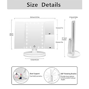 Flymiro Tri-fold Lighted Vanity Makeup Mirror with 3x/2x/1x Magnification, 21Leds Light and Touch Screen,180 Degree Free Rotation Countertop Travel Cosmetic Mirror (White)