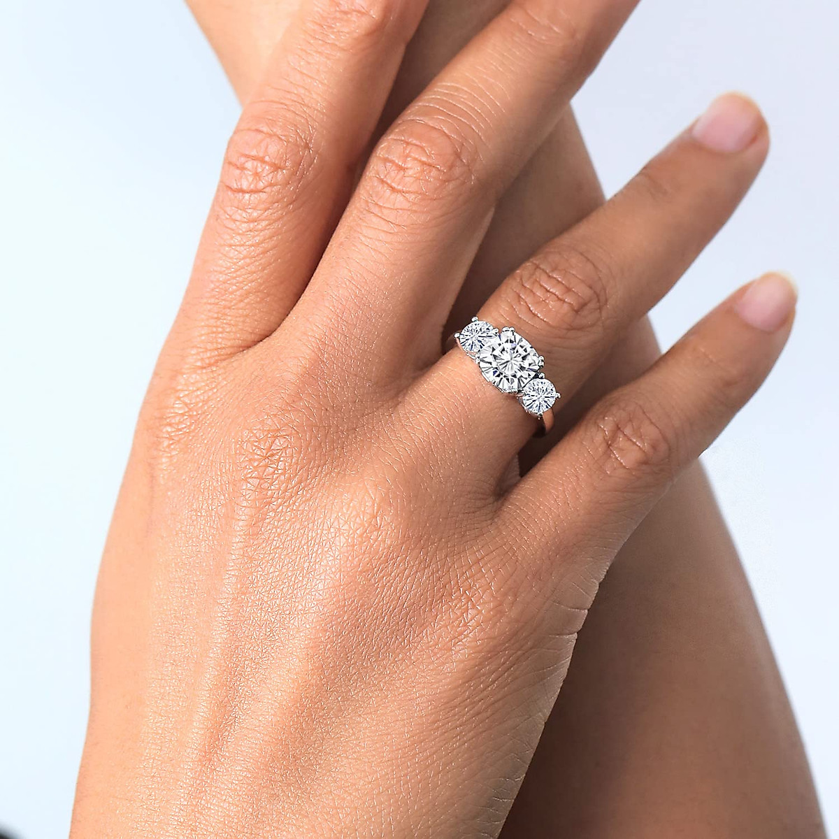 Gem Stone King 925 Sterling Silver White Moissanite 3 Stone Engagement Ring For Women (3.40 Cttw, Gemstone, Cushion 8MM, Size 9)