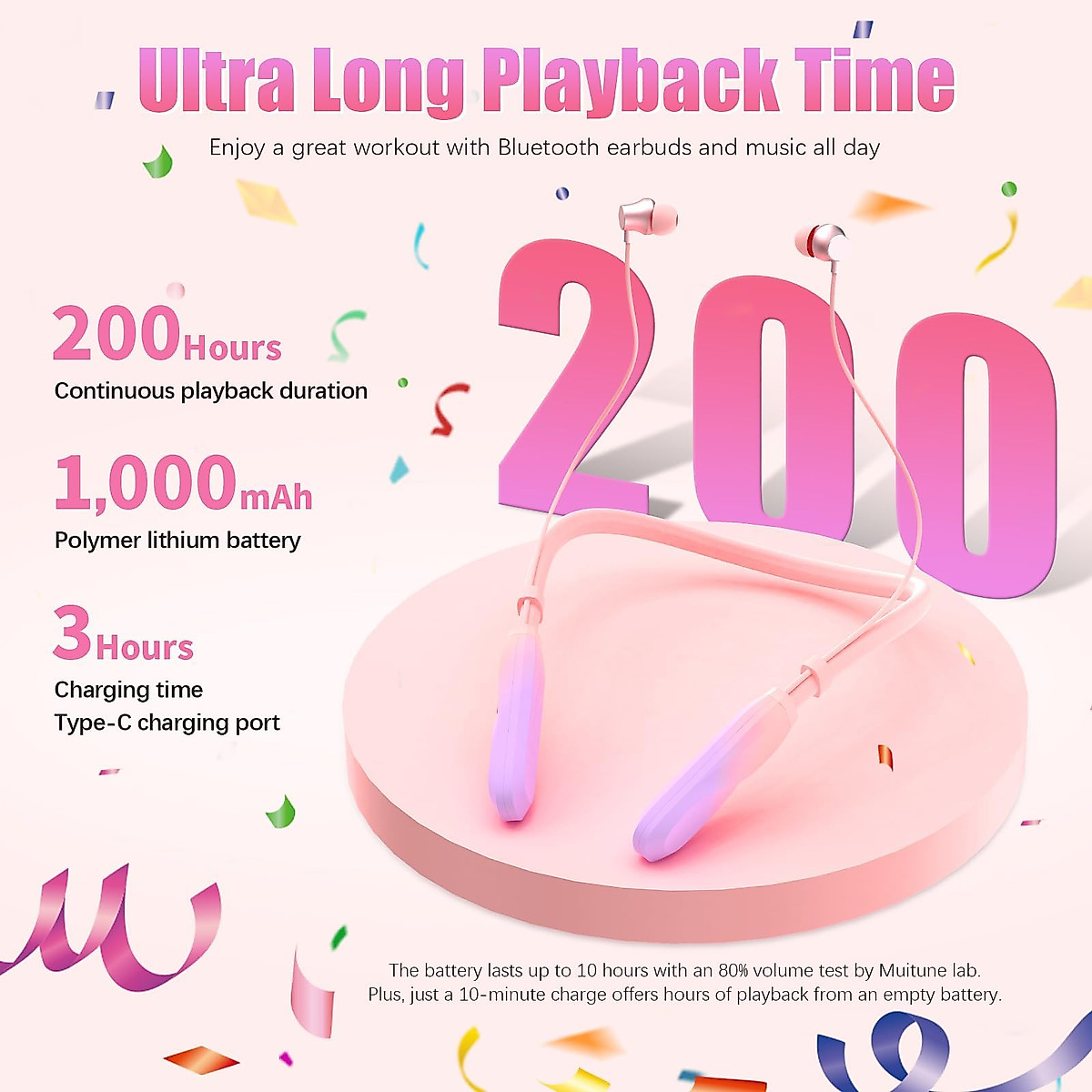 Lecefty Neckband Bluetooth Headphones, 200H Extra Long Playtime Wireless Stereo Neckband Earbuds with Microphone, Waterproof Balanced Armature Drivers in Ear Headset for Sports/Workout (Pink-Purple)