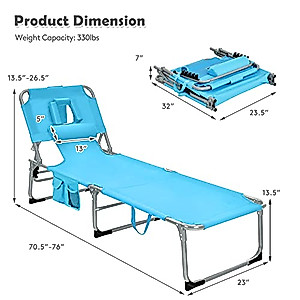 Tangkula Beach Chaise Lounge Chair with Hole for Face, Patio Folding Adjustable Reclining Beach Sunbathing Chair with Side Pocket, Portable Face Down Tanning Chair for Outdoor Backyard Poolside (2)