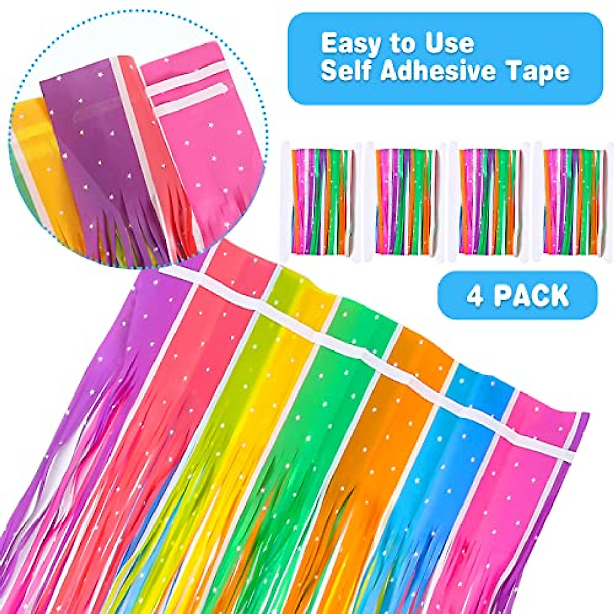 4Pack Rainbow Color Foil Fringe Curtain Metallic Tinsel Door Curtains Photo Booth Backdrop for Birthday Graduation Wedding Baby Shower Bridal Shower Christmas Party Decoration