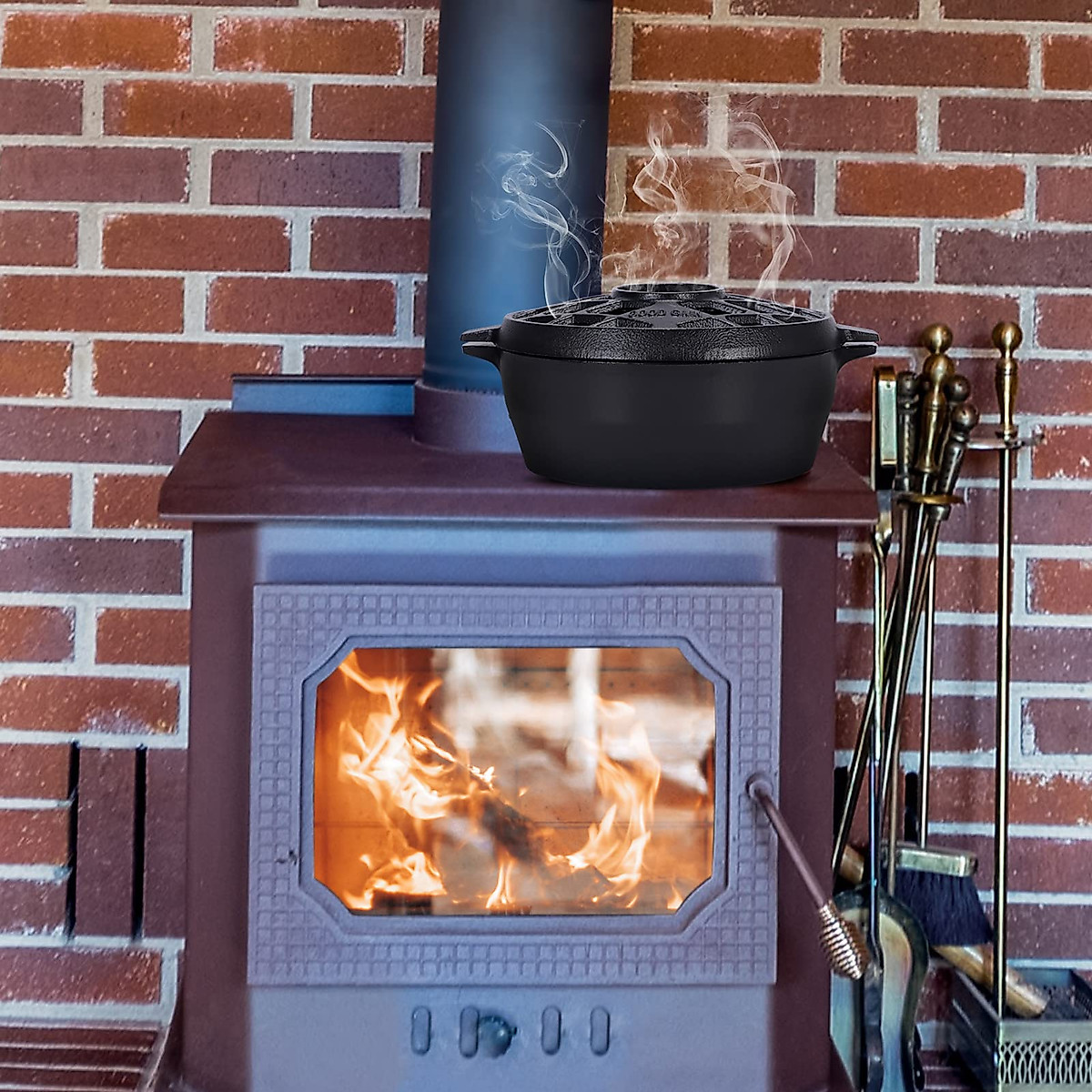 G Good Gain Wood Stove Steamer,Fireplace Humidifier,Cast Iron Humidifier for Stove, Matte Black Finish, Rust Resistant, Lattice Top, 2.5 Quart Capacity,Wood Burning Stove Indoor Decorative