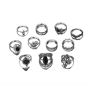 Cathercing 11 Pcs Women Silver Ring Sets Knuckle Vintage Rings Pack for Women Bohemian Rings Black Gem Joint Knot Rings Set for Teens Party Daily Fesvital Jewelry Gift