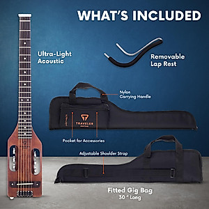 Traveler Guitar Ultra-Light Guitar for Travel | Portable and Headless Electric Acoustic Guitar | Full 24 3/4" Scale | Antique Brown Travel Guitar with Custom Gig Bag and Removable Lap Rest