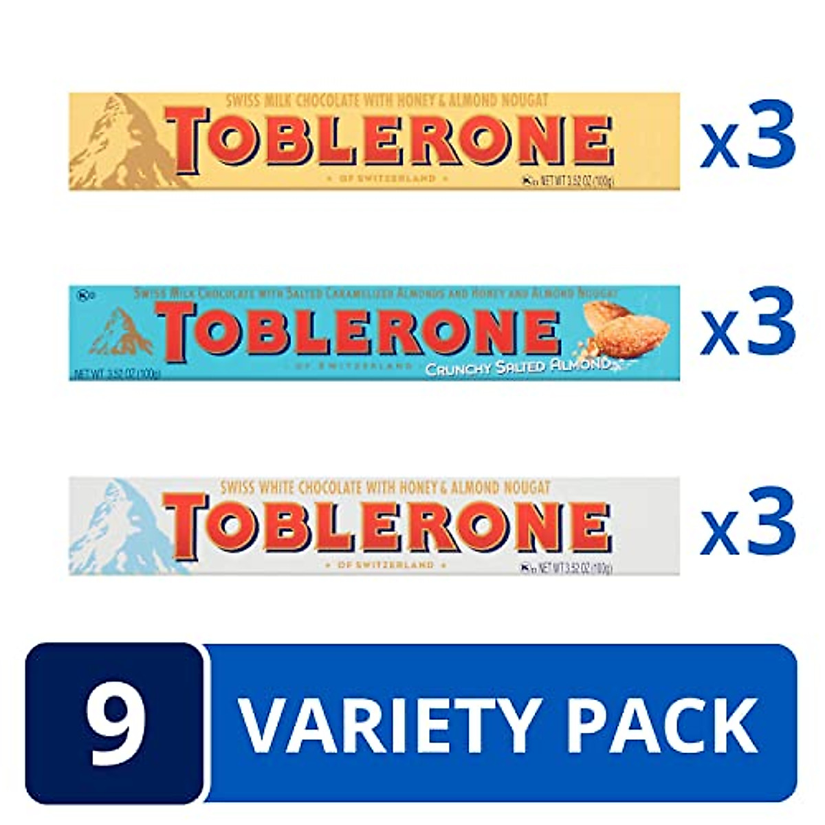 Toblerone Swiss Chocolate Gift Set, Milk Chocolate, White Chocolate & Crunchy Salted Caramelized Almond, 9 - 3.52 oz Bars