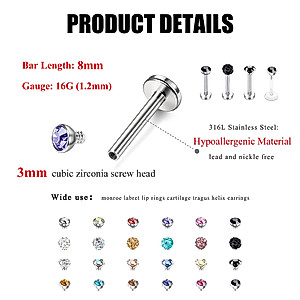Suprsparkle 24 Pcs 16G Hypoallergenic Stainless Steel Lip Monroe Medusa Labret Jewelry With 3mm Cubic Zirconia For Women Men Forward Helix Earrings Cartilage Tragus Earrings Stud Piercing Jewelry8mm