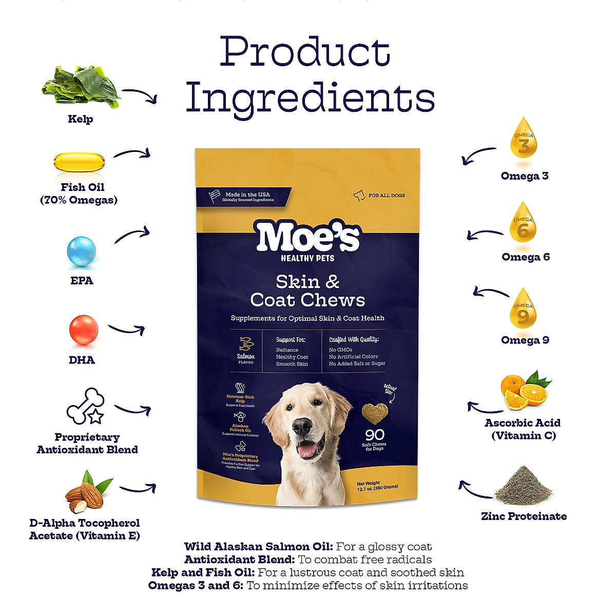 Moe’s Skin & Coat Omega 3, 6, 9 and Vitamin Supplement for Dogs- Supports Dryness, Itch Relief, & Thick, Shiny Coats- Premium Wild Alaskan Salmon Oil- For All Ages and Breeds- 90 Salmon Flavored Chews