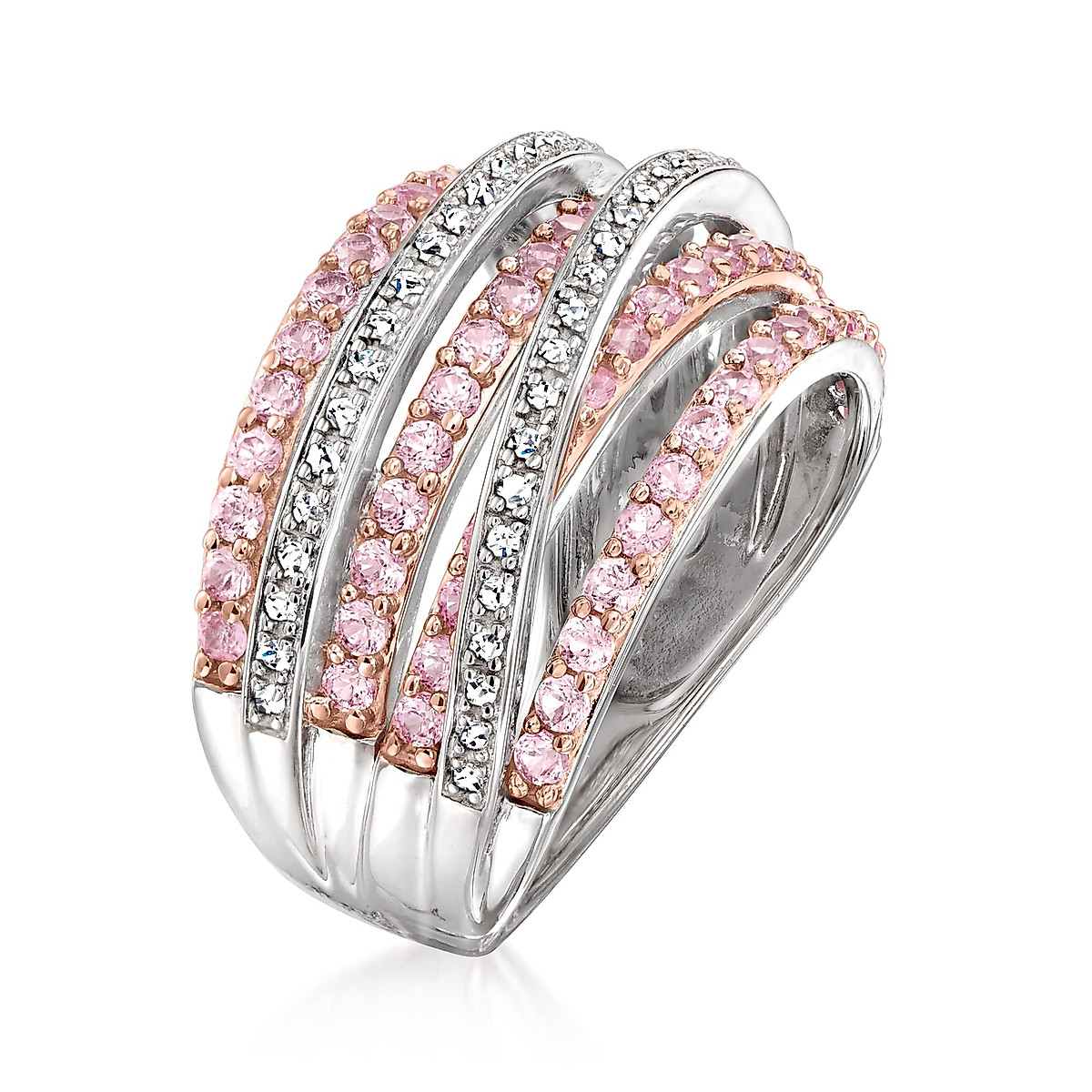 Ross-Simons 1.00 ct. t.w. Pink Sapphire and .15 ct. t.w. Diamond Highway Ring in 2-Tone Sterling Silver. Size 7