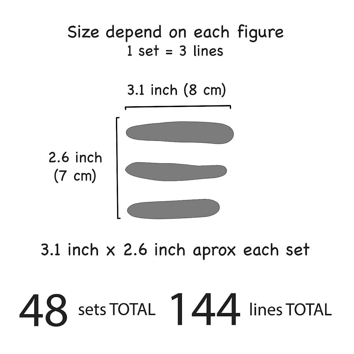 The Boho Design Lines Hand Drawn Decals Peel and Stick for Kids, Baby Bedroom Nursery and Living Room. 48 Sets of Three Stripes Each (144 pcs.) Adhesive Vinyl Wall Stickers Decor (Grey)