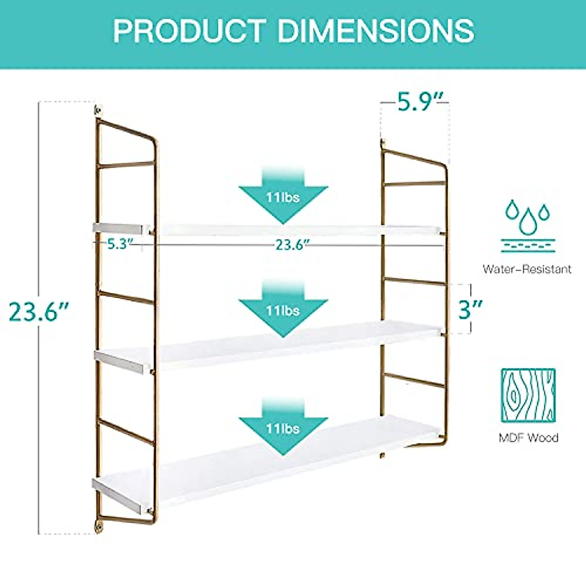 BOLUO Gold Wall Shelf - Bathroom Shelves Modern Decor Living Room Bedroom Kitchen Adjustable 24 inch Long, White and Gold