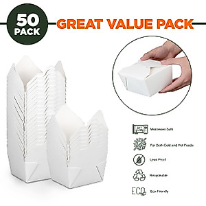 Fit Meal Prep 50 Pack 30 oz Paper Take Out Containers 5 x 4.2 x 2.5 - White Lunch Meal Food Boxes #1, Disposable To Go Packaging, Microwave Safe, Leak Grease Resistant for Restaurant and Catering