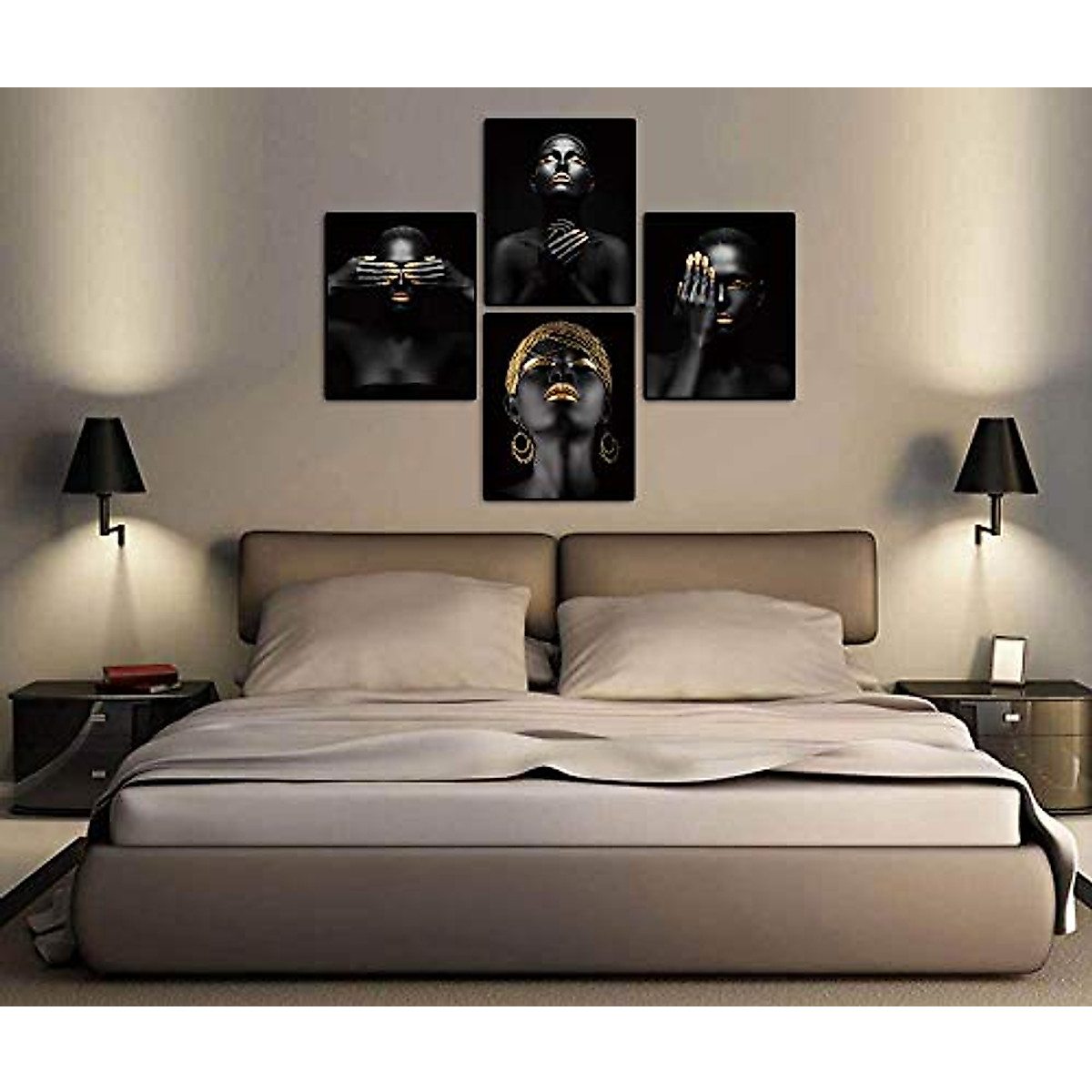 African American Wall Art Painting Black Woman Fashion Pop Gold Earrings Necklace Black Set of 4 (8”X10” Canvas Picture) Pretty Girl Room Poster Art Painting Bedroom or Room for Home Decor No Frame